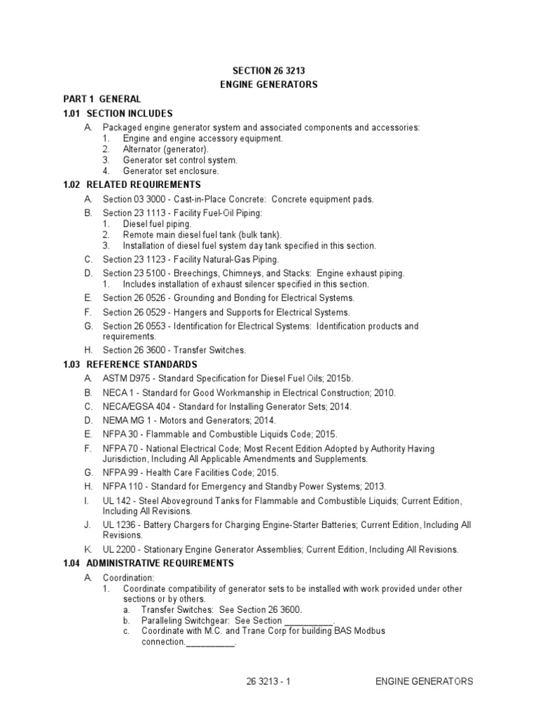 SECTION 26 3213 Engine Generators Part 1 General 1.01 Section Includes ...