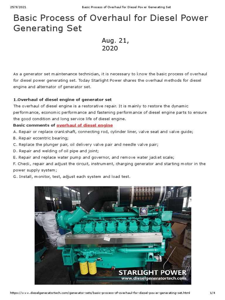 Basic Process of Overhaul For Diesel Power Generating Set | PDF ...