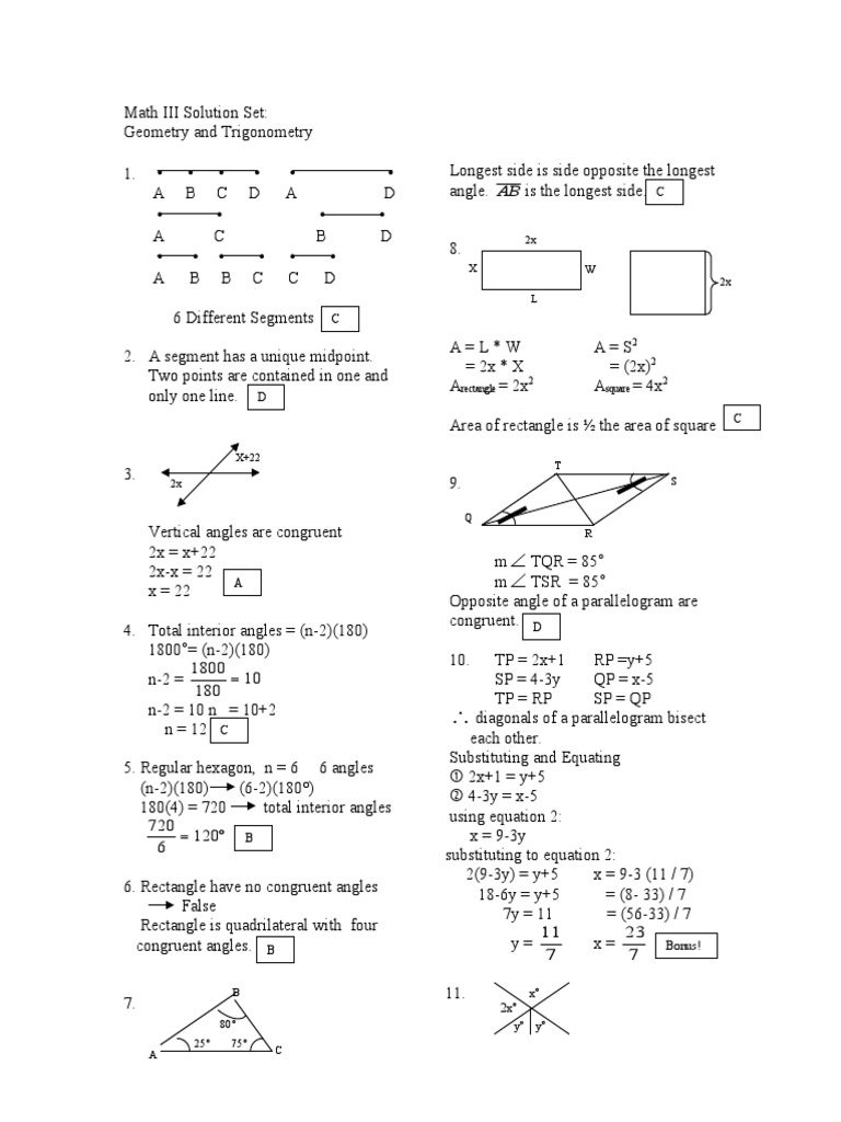 Math III Solution Set: Geometry and Trigonometry Problems with Solutions | PDF | Rectangle | Euclid