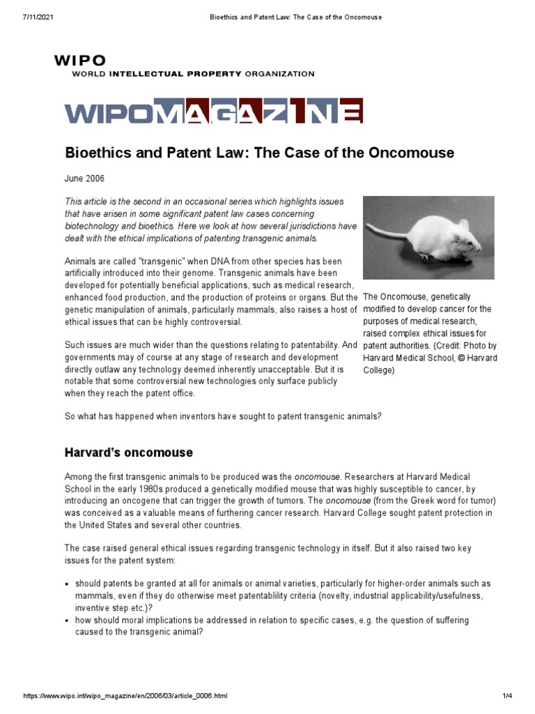 Bioethics and Patent Law - The Case of The Oncomouse | PDF | Biology ...