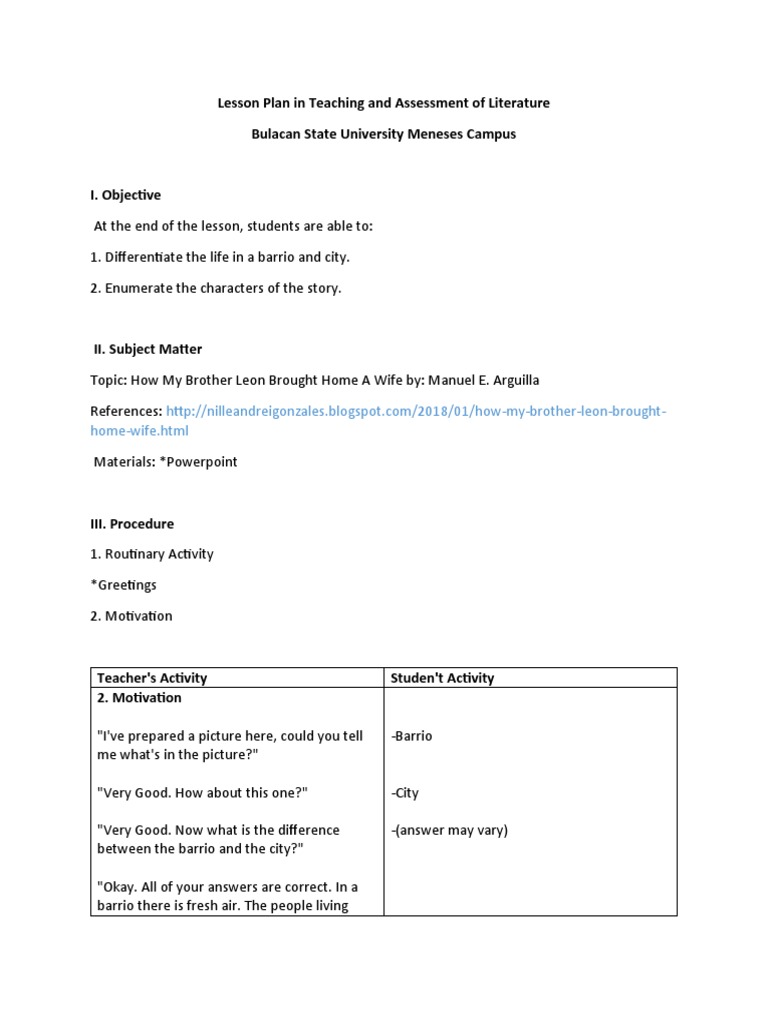 Lesson Plan in Teaching and Assessment of Literature Bulacan State ...