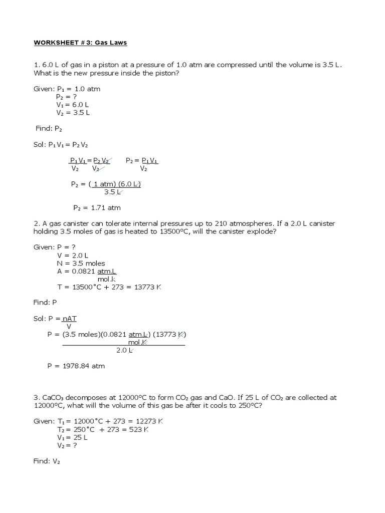 Worksheet # 3: Gas Laws | PDF | Gases | Mechanical Engineering
