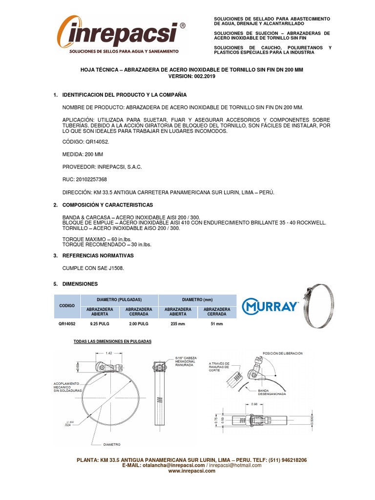 Hoja Técnica 002.2019 - 200 MM Abrazadera de Acero Inoxidable de Tornillo Sin Fin | PDF ...