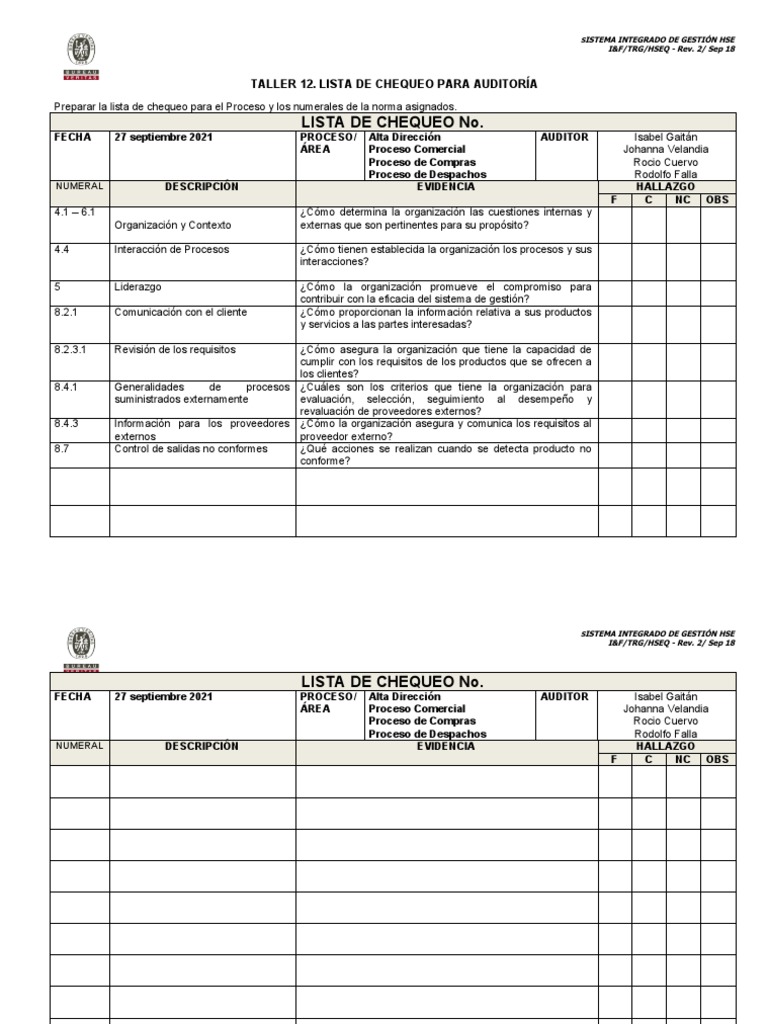Taller 12 Lista Verificacion | PDF | Business