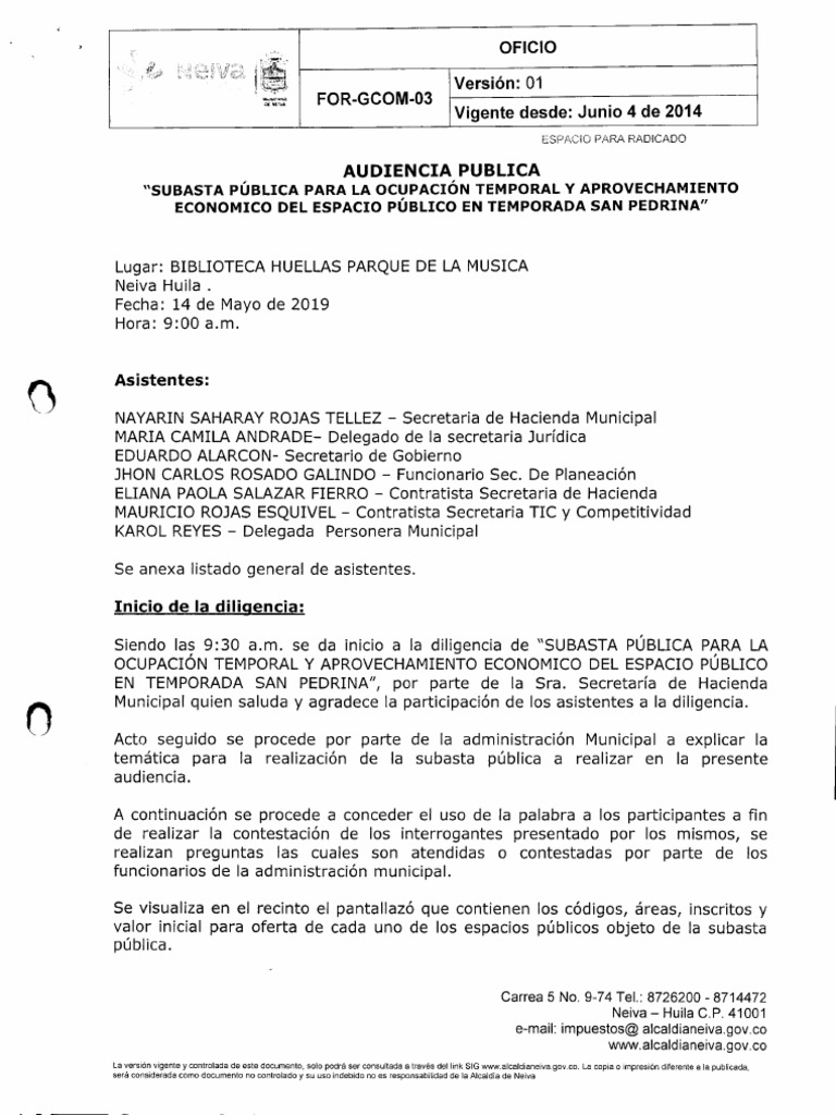 Acta No 1 Subasta Espacio Publico San Pedro 2019 | PDF