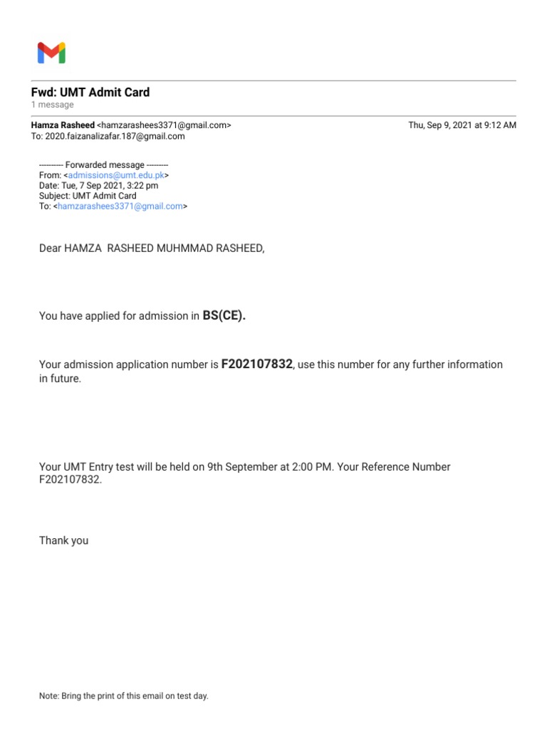 Gmail - FWD - UMT Admit Card | PDF