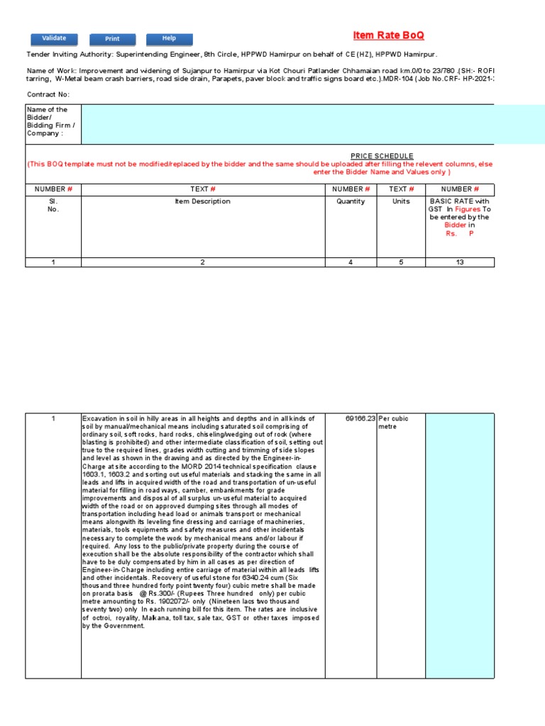 Item Rate Boq: Validate Print Help | PDF | Concrete | Road