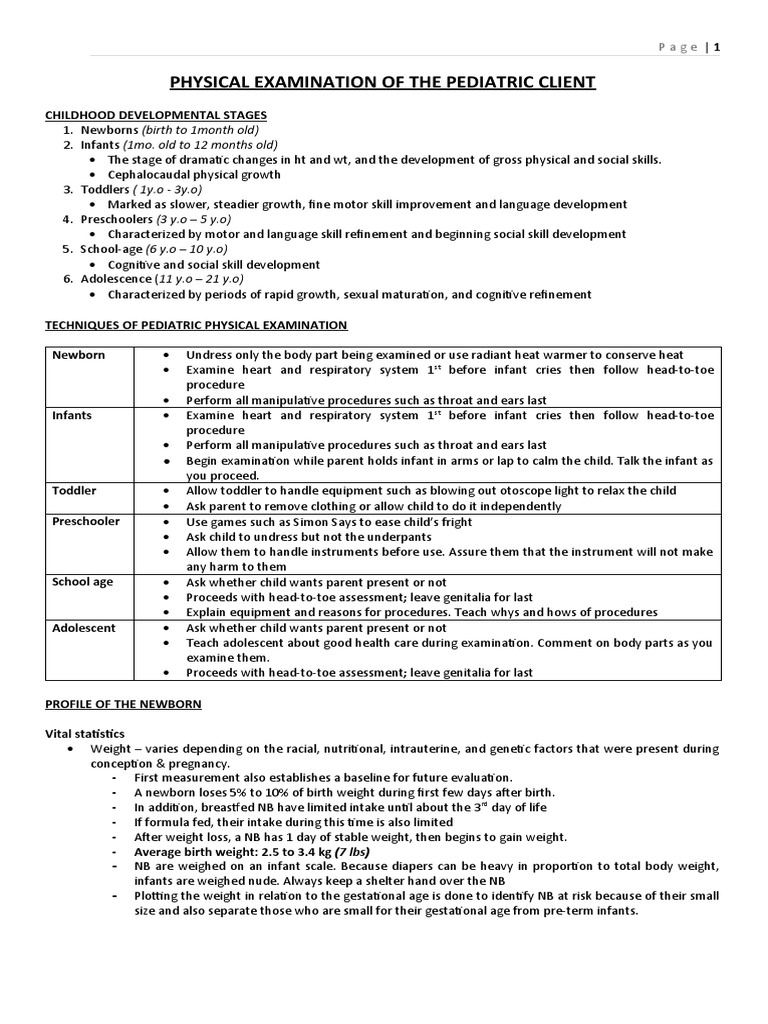 Physical Examination of The Pediatric Client: Childhood Developmental ...