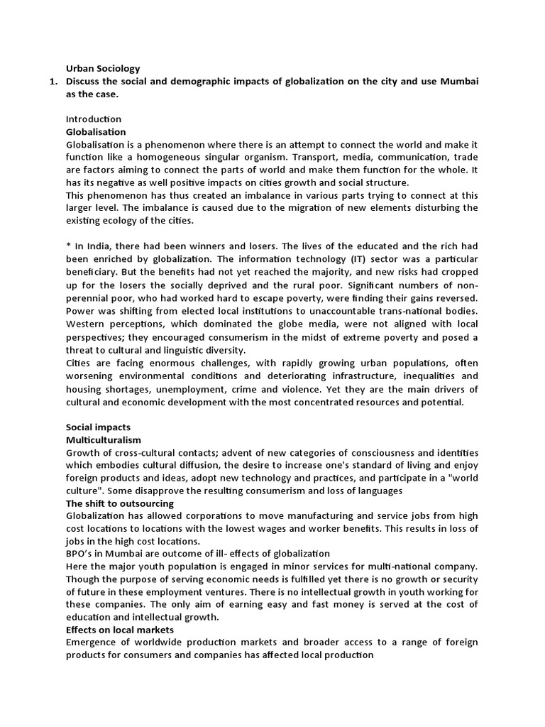 Urban Sociology 1 Discuss The Social And Demographic Impacts Of Globalization On The City And