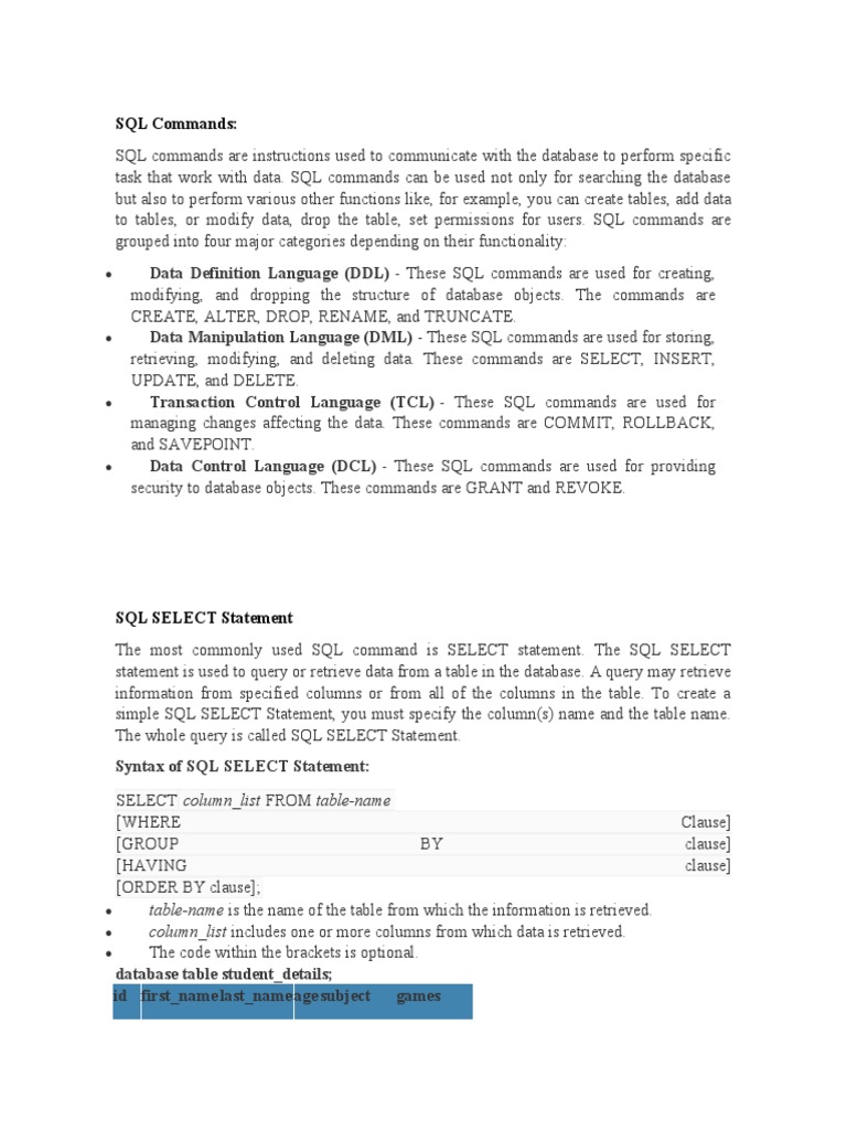SQL Commands | PDF | Relational Database | Table (Database)