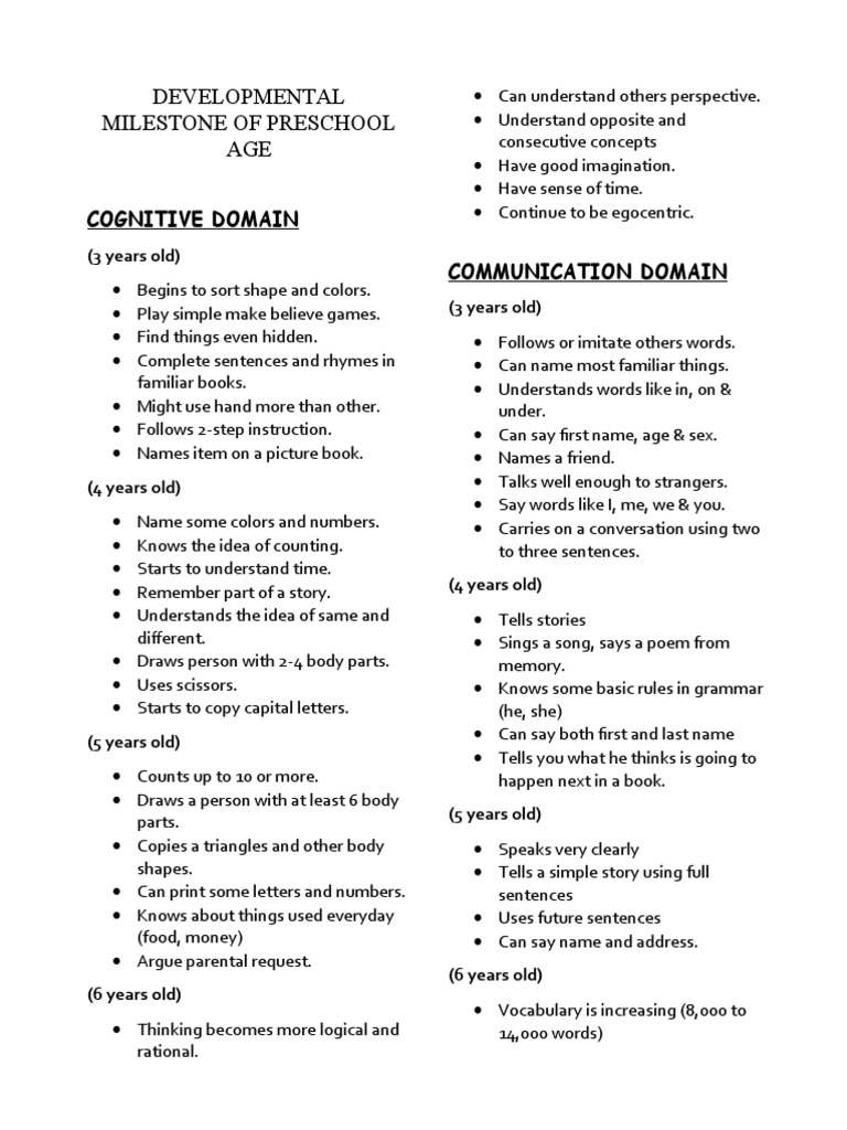 Developmental Milestone of Preschool Age | PDF | Idea ...