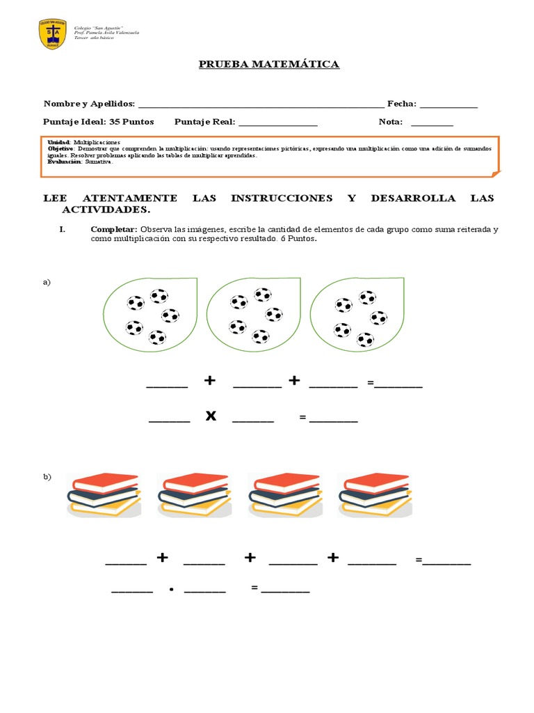 Prueba de Multiplicaciones 3° Básico | PDF | Multiplicación | Matemáticas