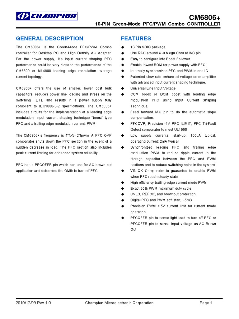 General Description Features: 10-PIN Green-Mode PFC/PWM Combo CONTROLLER | PDF | Rectifier ...