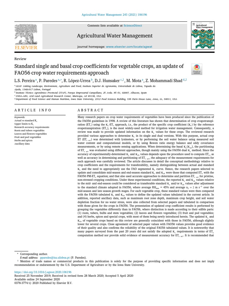 Standard Single and Basal Crop Coefficients For Vegetable 2021 ...