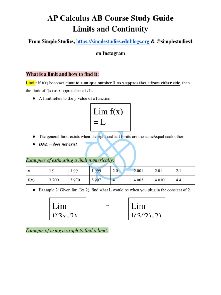 Lim F (X) L X C: AP Calculus AB Course Study Guide Limits and Continuity | PDF | Asymptote ...