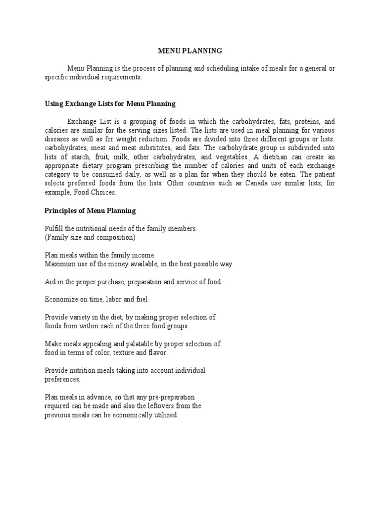 Menu Planning | PDF | Foods | Calorie