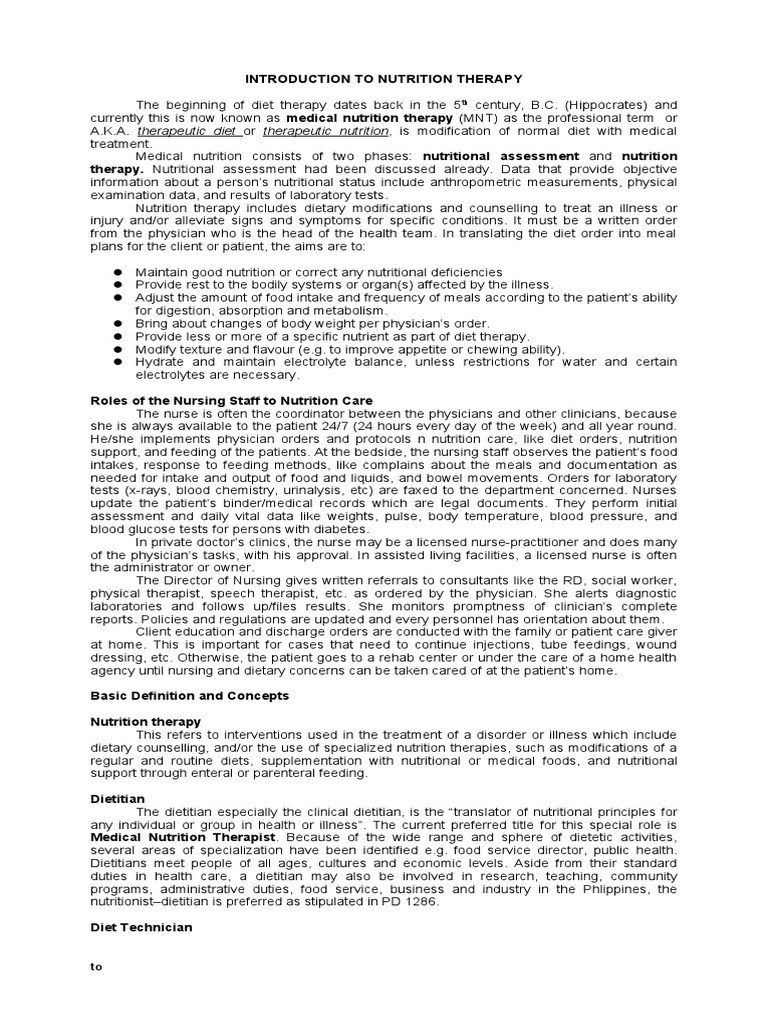 Introduction To Nutrition Therapy | PDF | Dietitian | Clinical Medicine