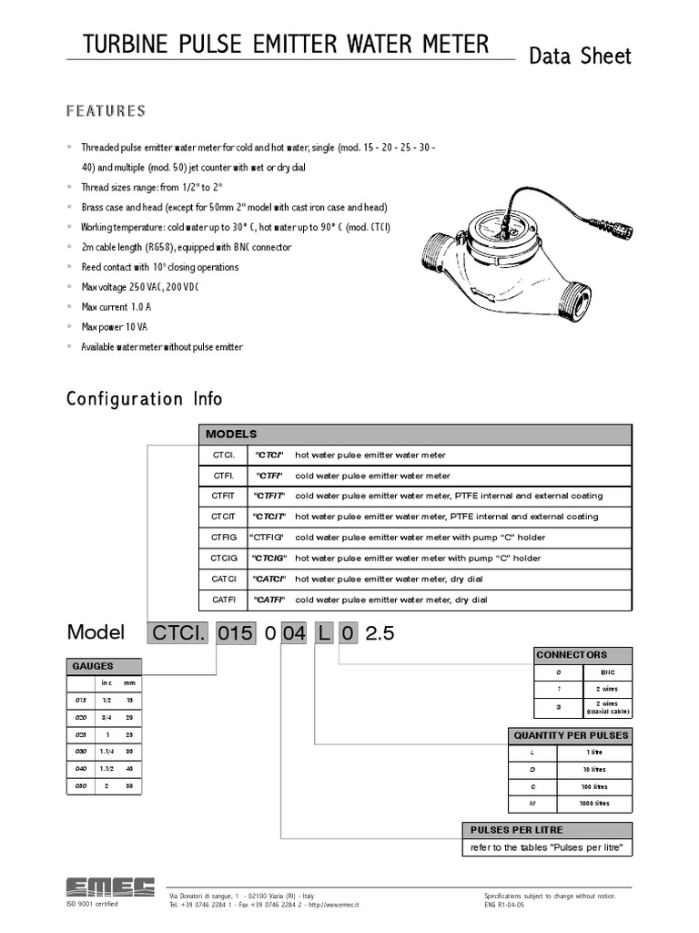 Turbine Pulse Emitter Water Meter: Data Sheet | PDF | Manufactured ...