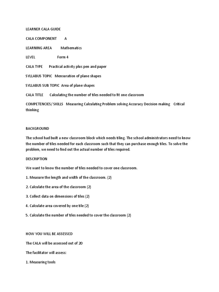 Calculating Classroom Tile Needs | PDF | Area | Measurement