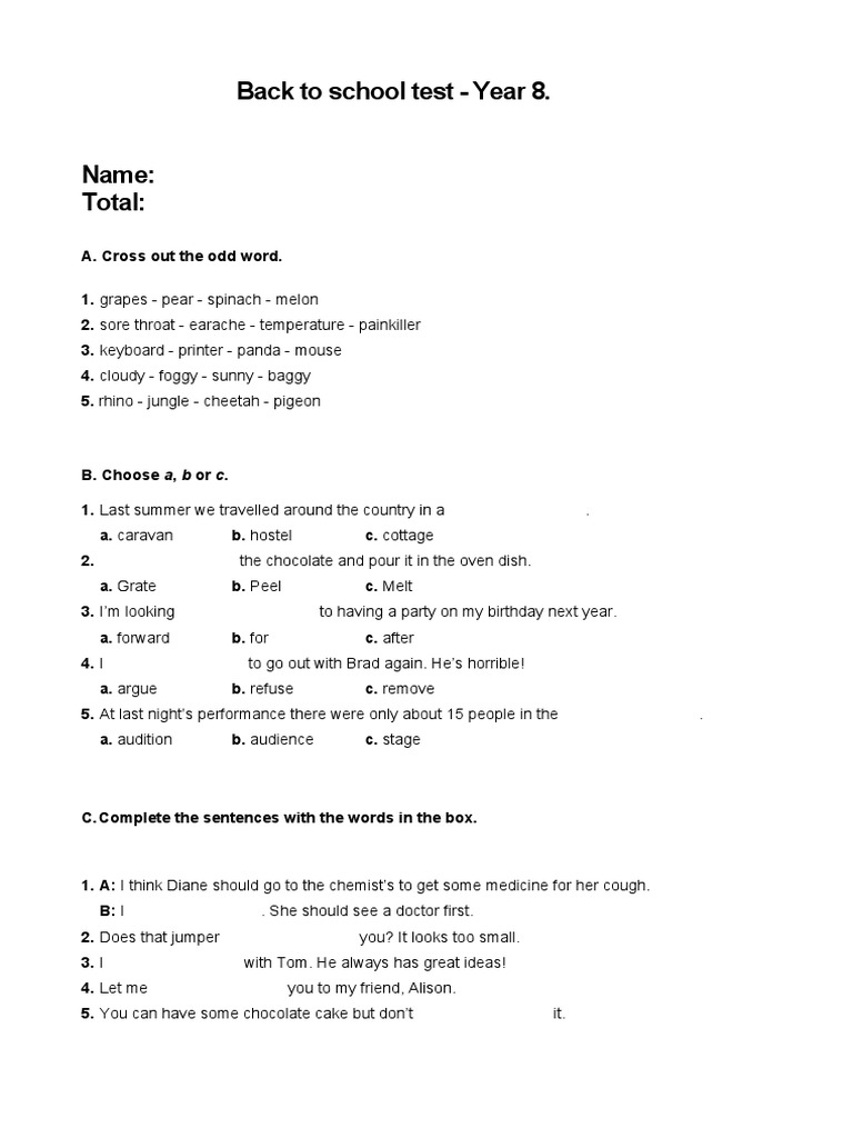 Back To School Test - Year 8. | PDF