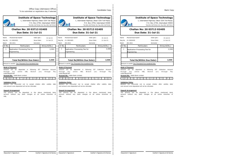 IST 2021 Fee Challan | PDF | Banks | Deposit Account