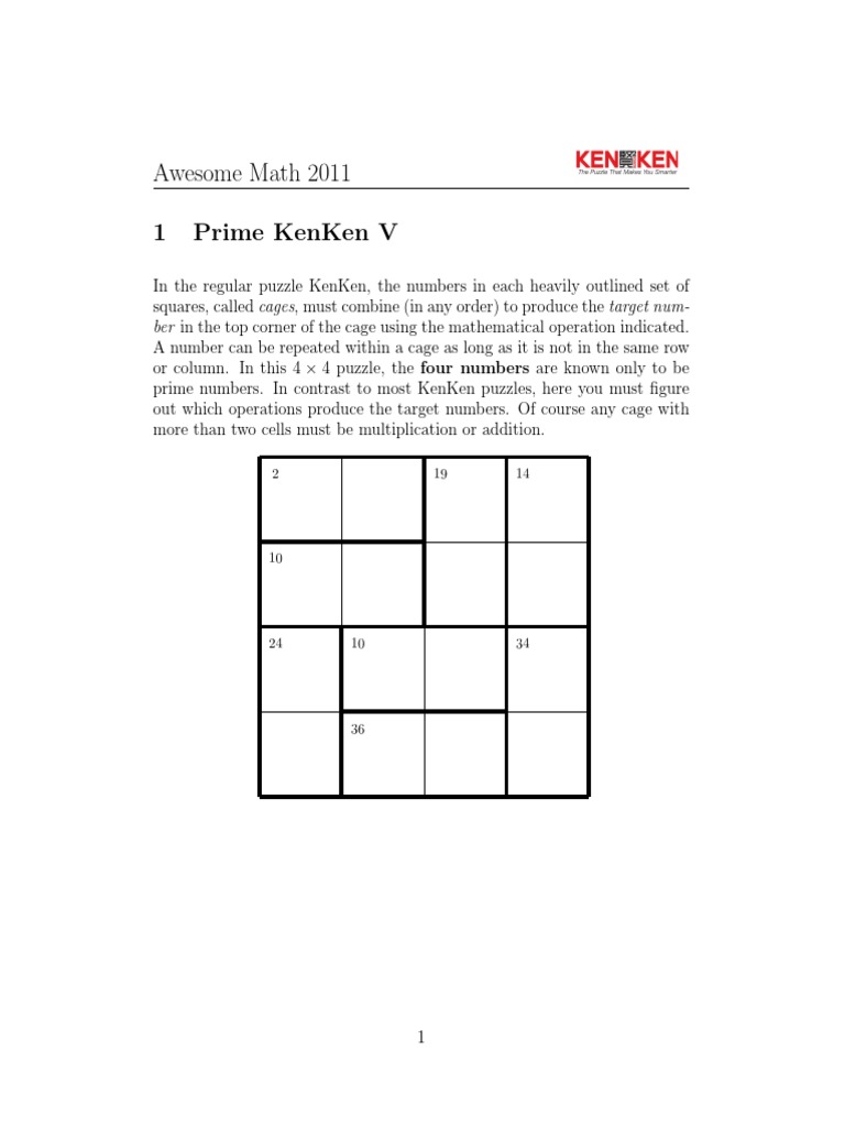 Awesome Math 2011 1 Prime Kenken V: Ber in The Top Corner of The Cage Using The Mathematical ...