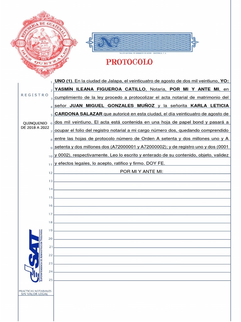 Documento de Protocolización. Acta Notarial de Matrimonio | PDF