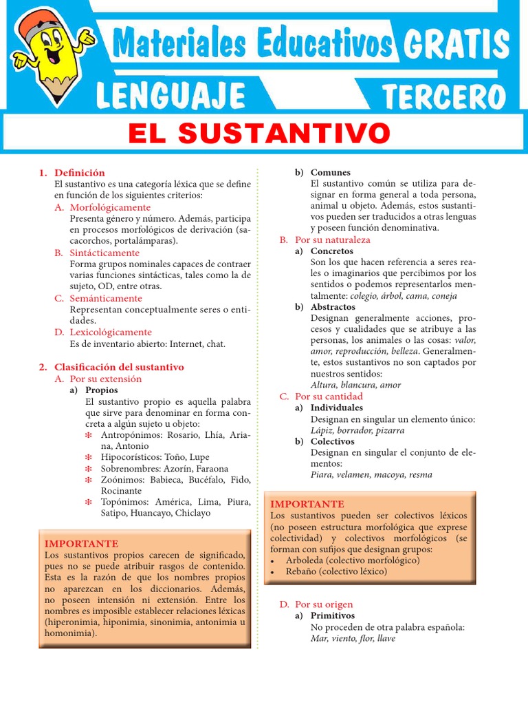 El Sustantivo para Tercer Grado de Secundaria | PDF | Sustantivo | Palabra