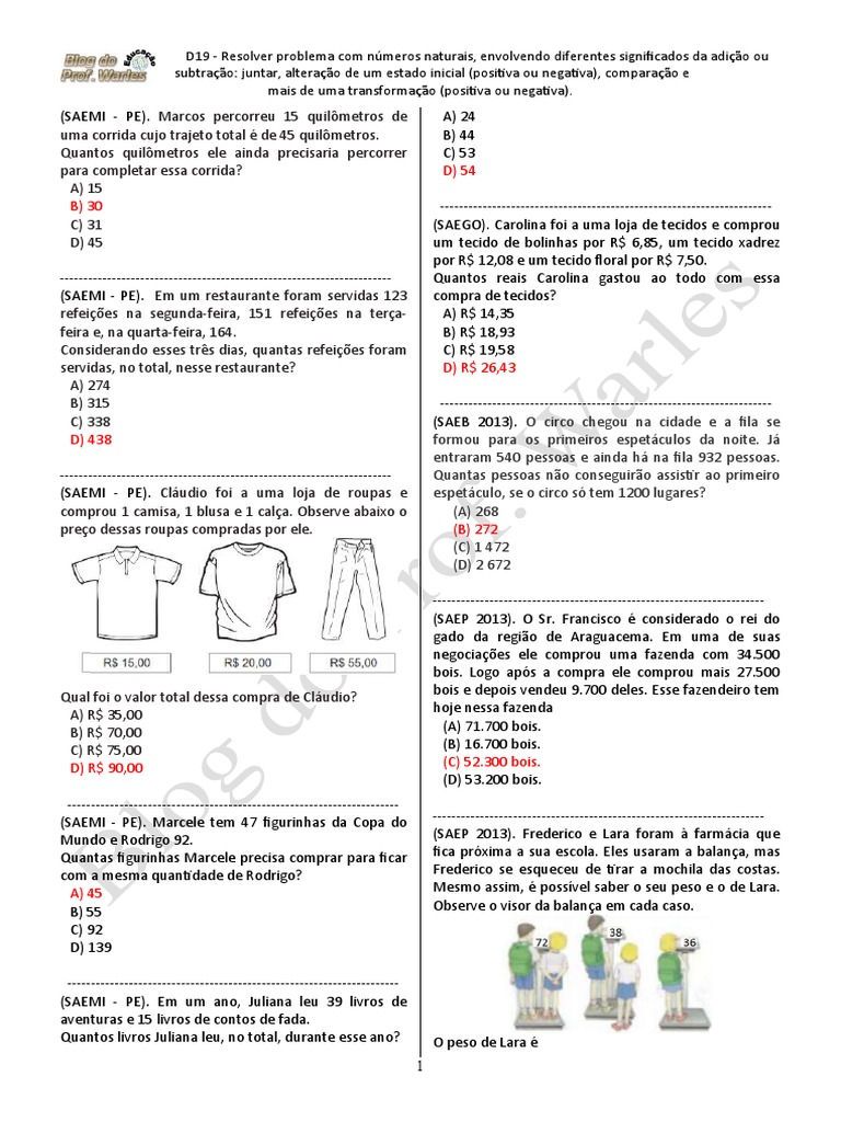 D19 (5º ANO - Mat.) - Blog Do Prof. Warles | PDF | Business