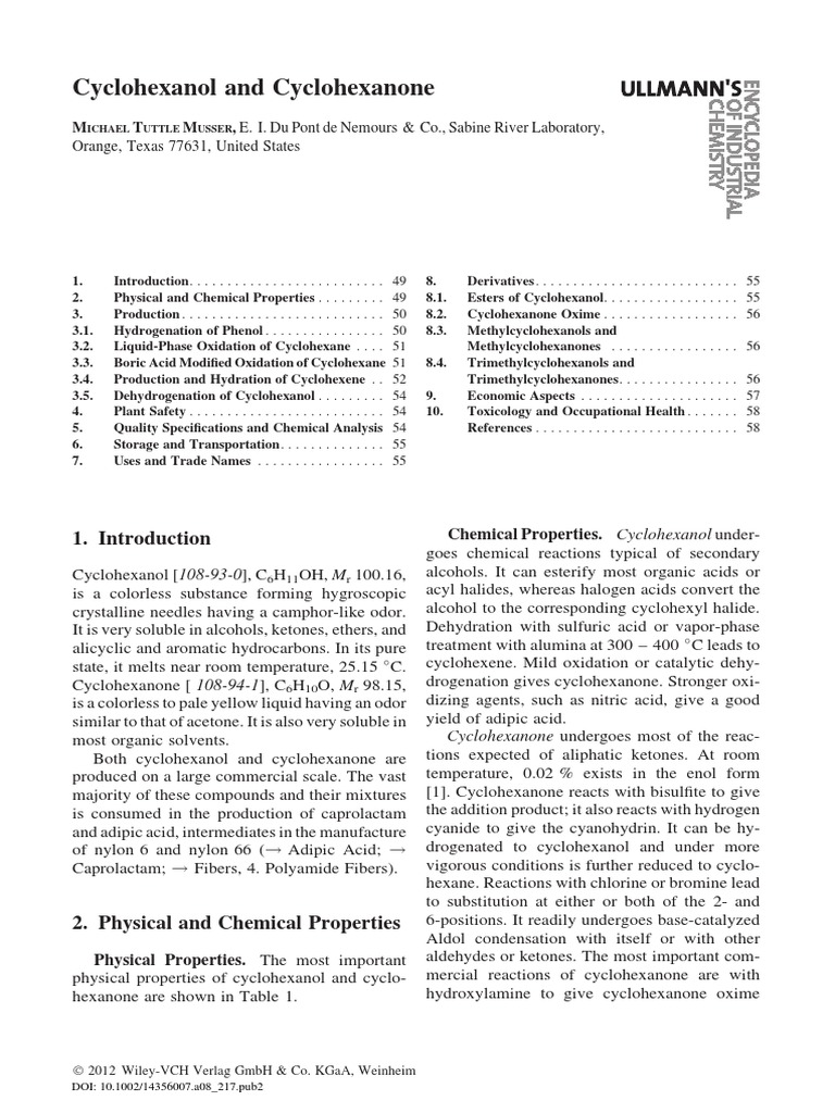 Cyclohexanol and Cyclohexanone | PDF | Hydrogenation | Organic Chemistry