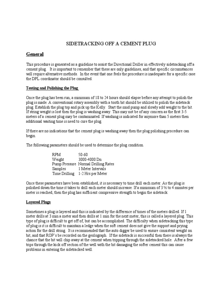 SOP Sidetracking Off A Cement Plug | PDF | Technology & Engineering