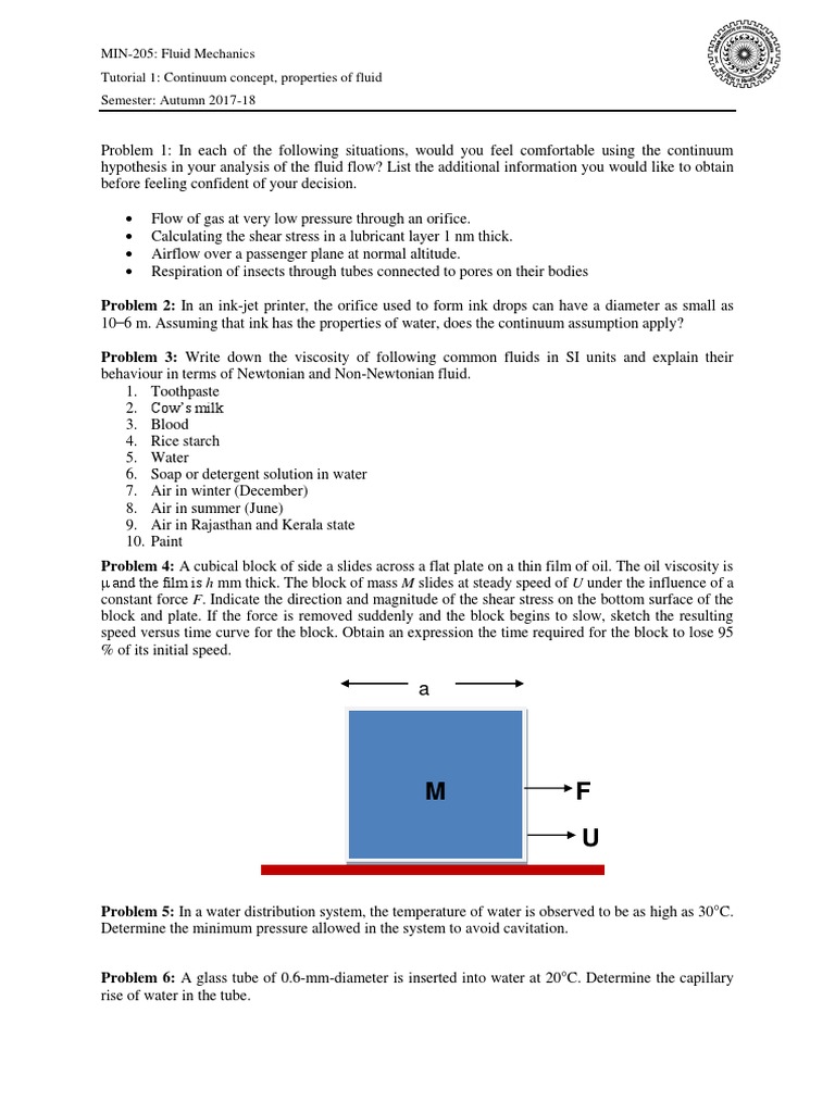MIN-205: Fluid Mechanics Tutorial 1: Continuum Concept, Properties of ...