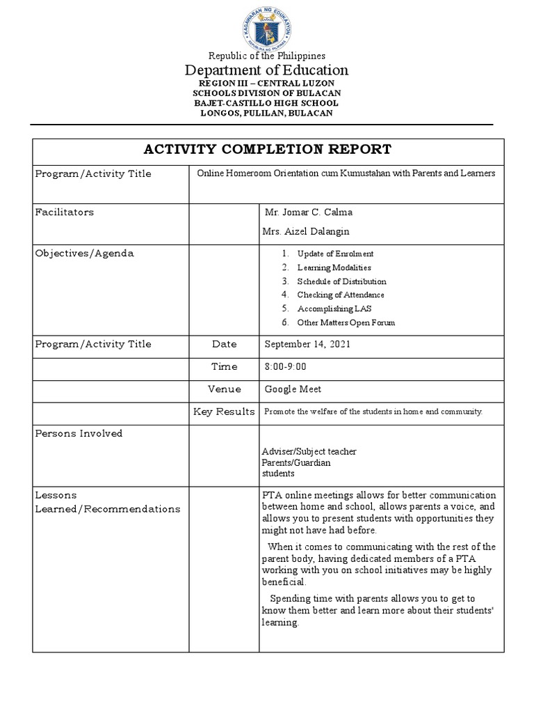 Department of Education: Activity Completion Report | PDF | Cognition ...