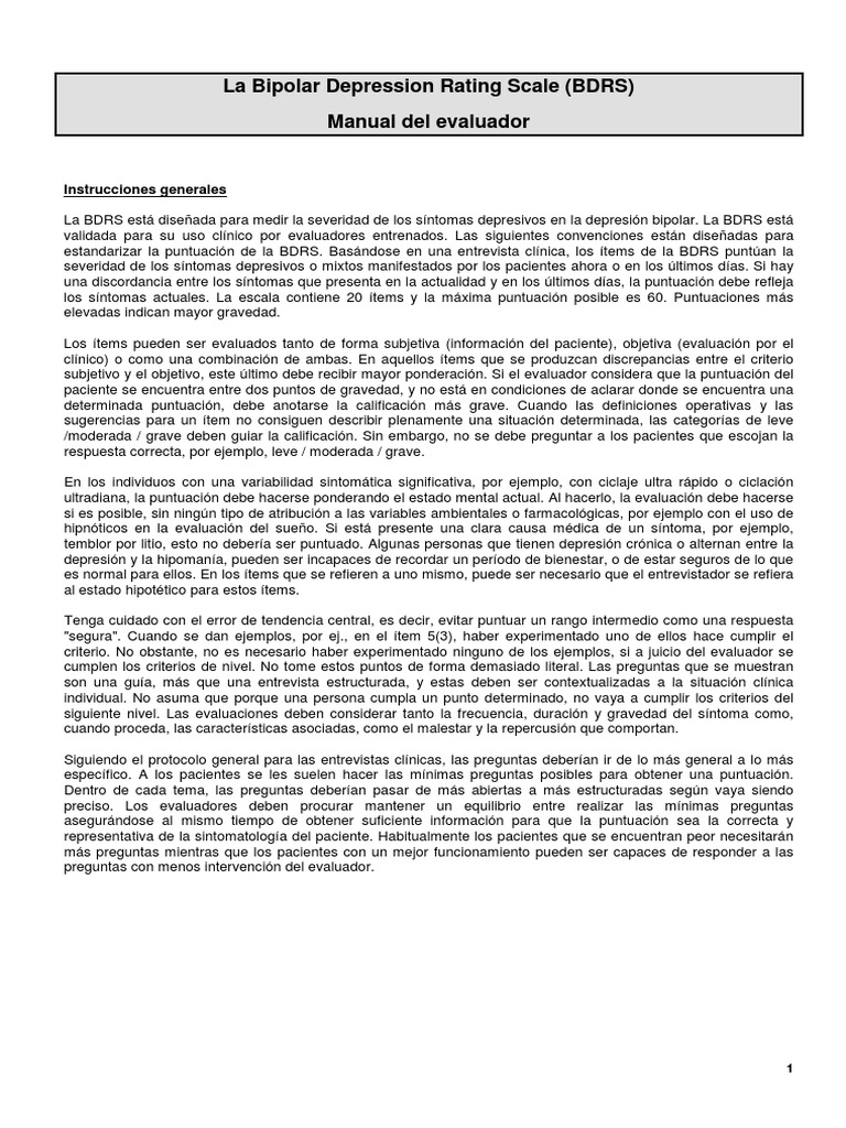 BDRS. Bipolar Depression Rating Scale | PDF | Depresión (estado de ...