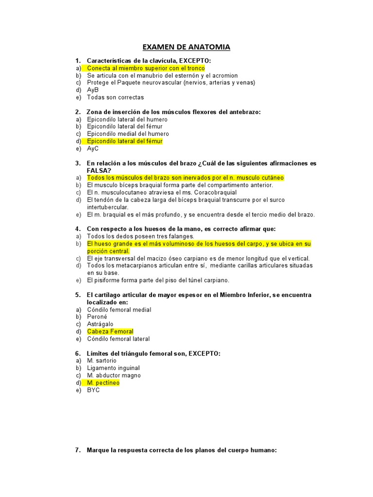 Examen de Anatomia | PDF | Sistema musculoesquelético | Anatomía humana