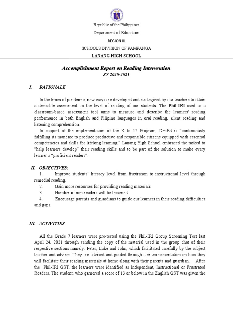 Accomplishment Report On Reading Intervention: SY 2020-2021 I ...