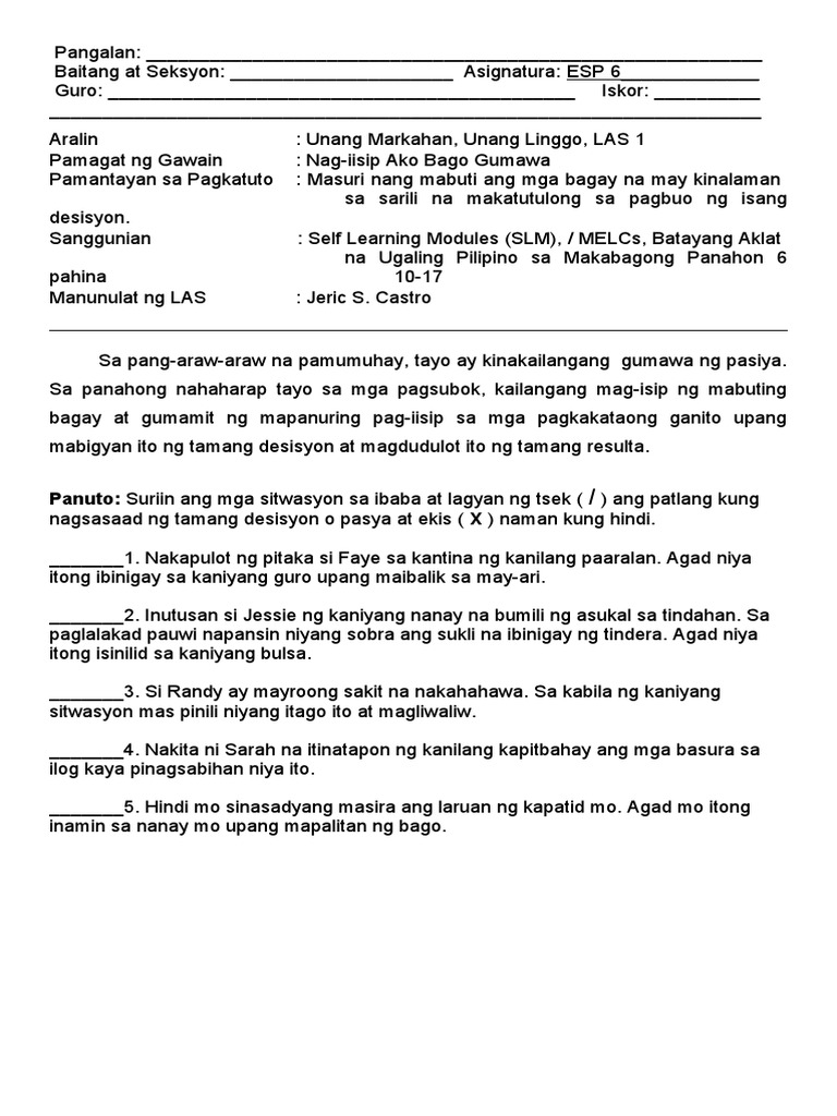 Esp 6 - Q1 - Week 1 | PDF