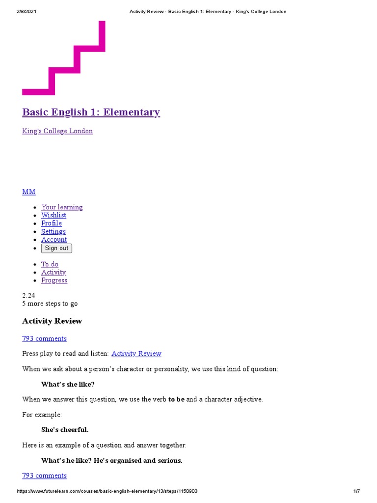 Activity Review - Basic English 1 - Elementary - King's College London ...