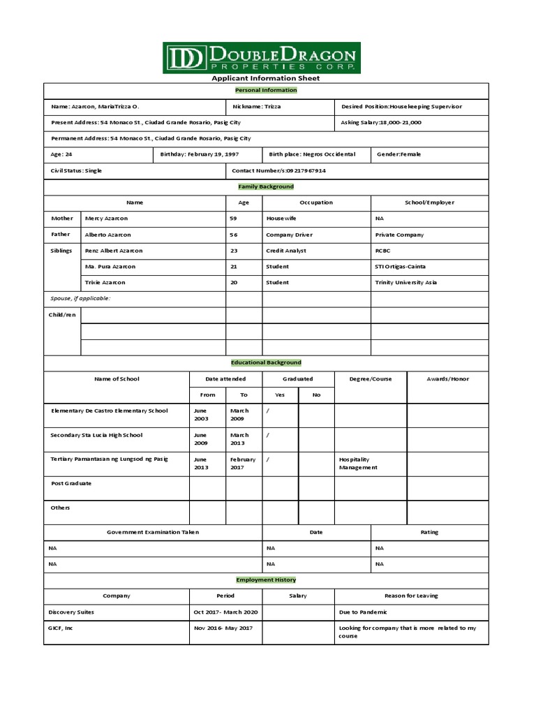 Applicant Information Sheet | PDF | Justice | Crime & Violence