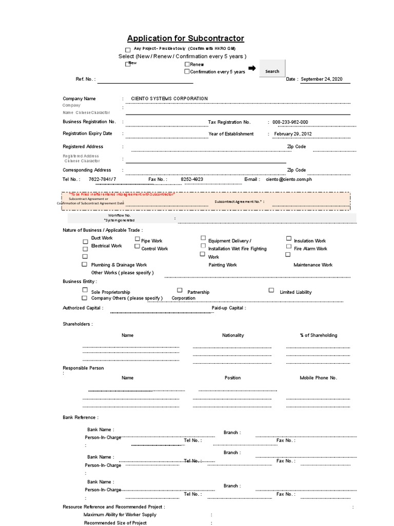 Subcontractor Application Form | PDF | Corporations | Turnover (Employment)