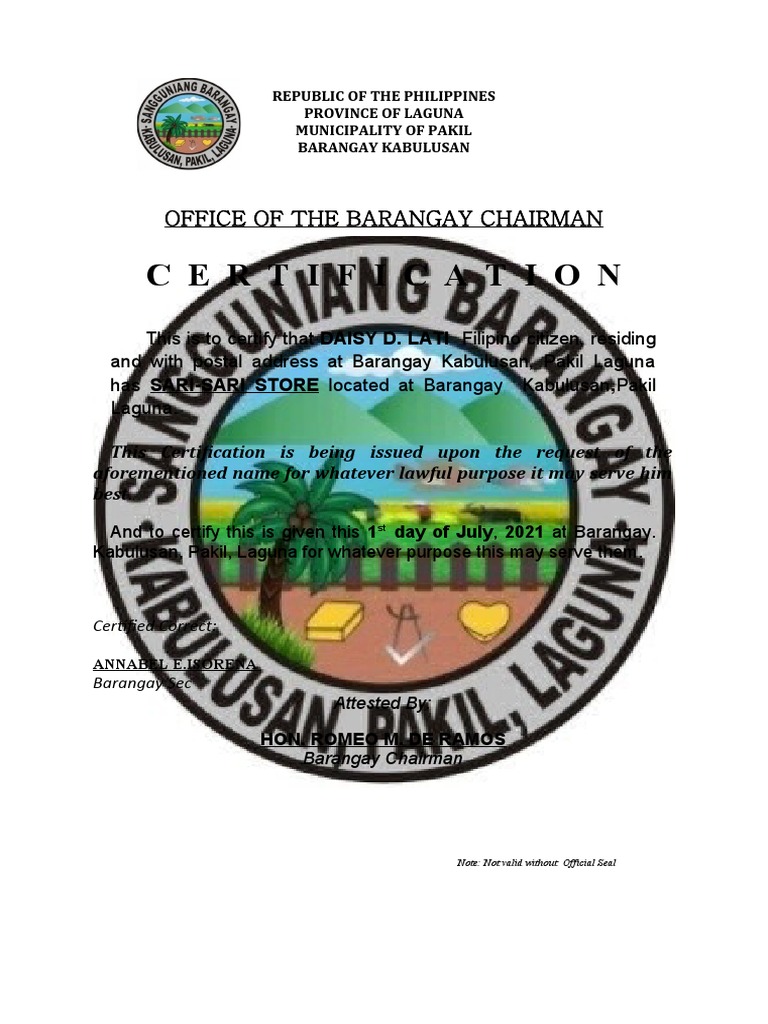 Barangay Business Certification Sample | PDF