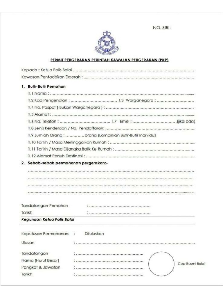 Borang Permit Pergerakan Perintah Kawalan Pergerakan (PKP) | PDF