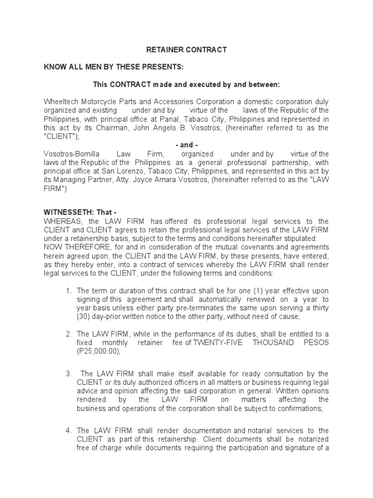 Retainer Contract Know All Men by These Presents: This CONTRACT Made ...