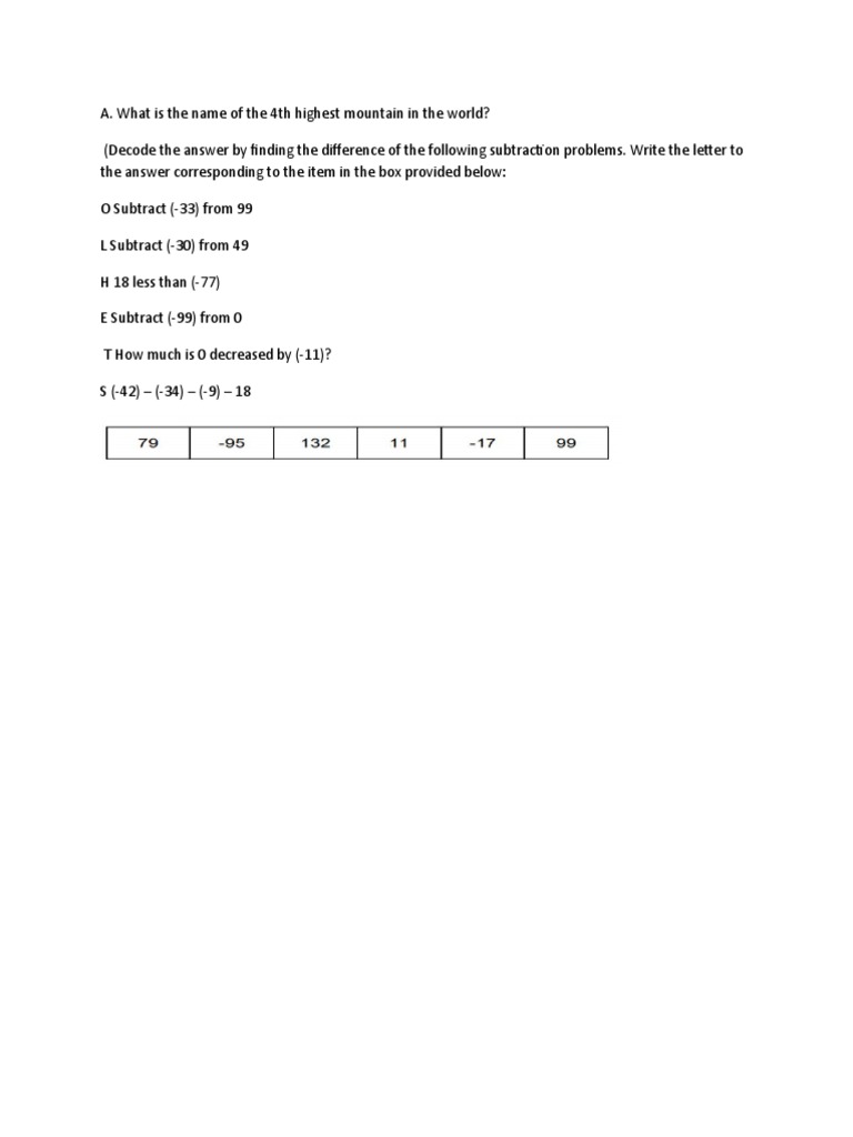 Exercises (Subtraction of Integer) | PDF
