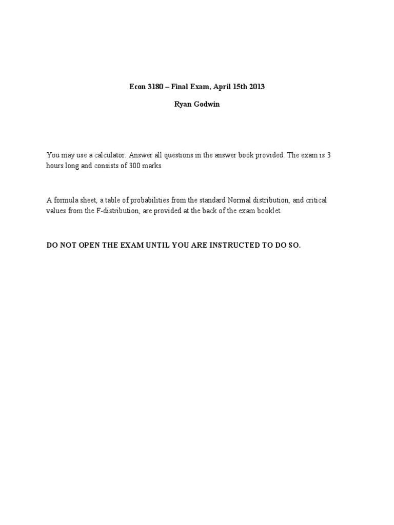 Econ 3180 Final Exam, April 15th 2013 Ryan Godwin | PDF | Ordinary Least Squares | Errors And ...