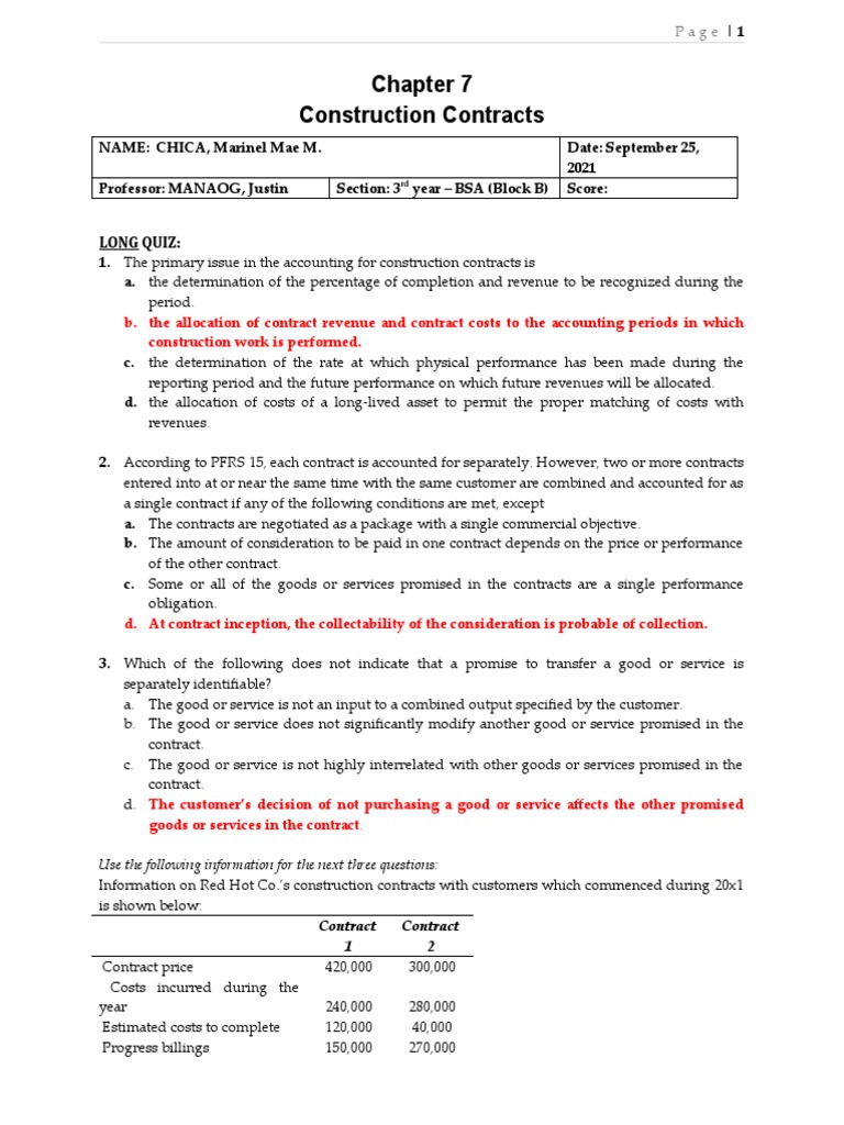 Quiz 3 Construction Contracts | PDF | Cost | Prices