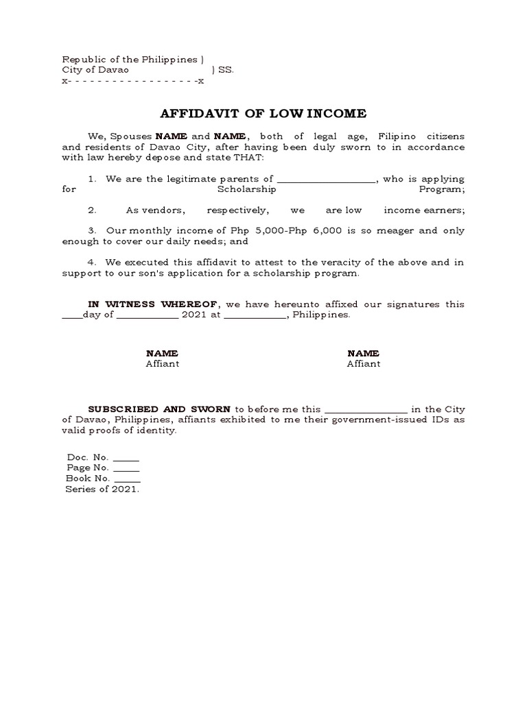 Affidavit of Low Income: Name Name | PDF | Finance & Money Management ...