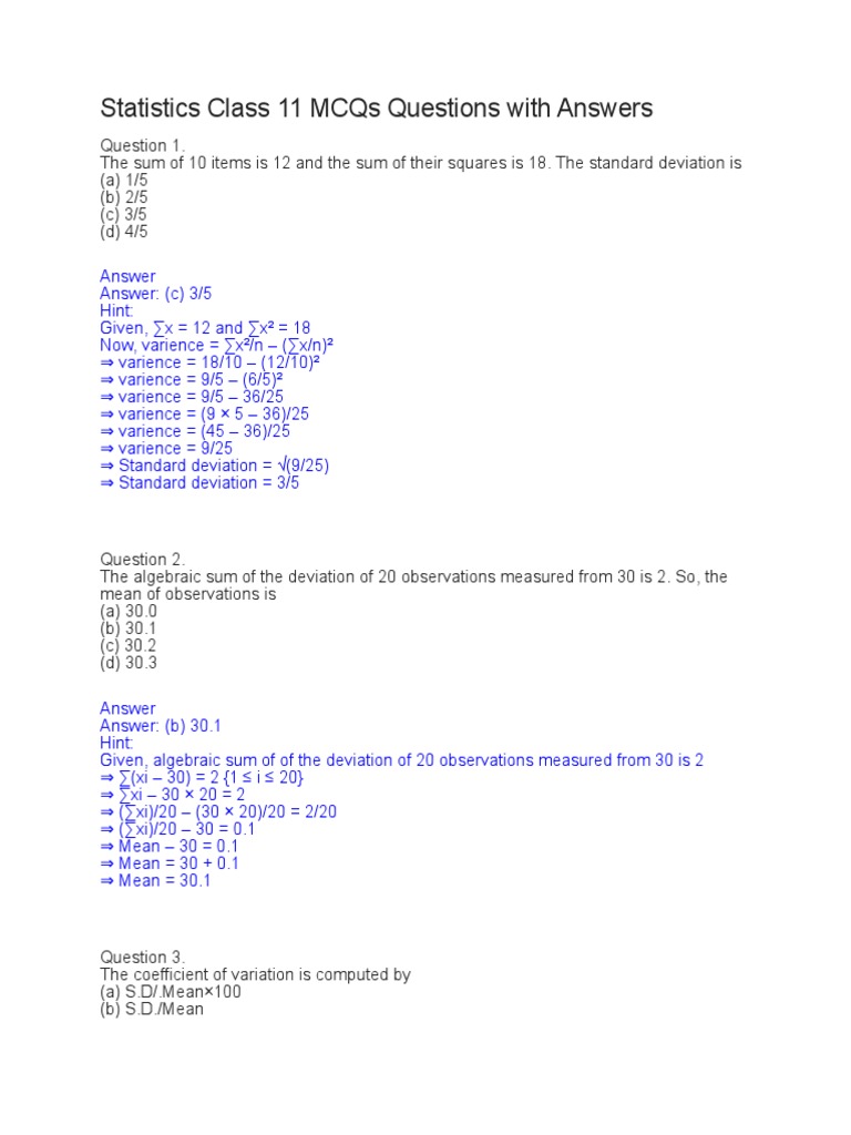 Class 11 MCQs Statistics Questions With Answers | PDF | Statistics | Mean