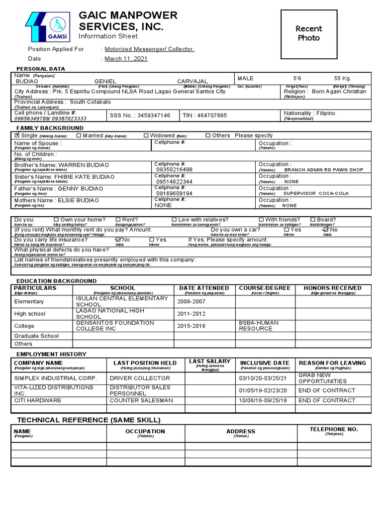 Gaic Manpower Services, Inc.: Information Sheet | PDF | Service Industries