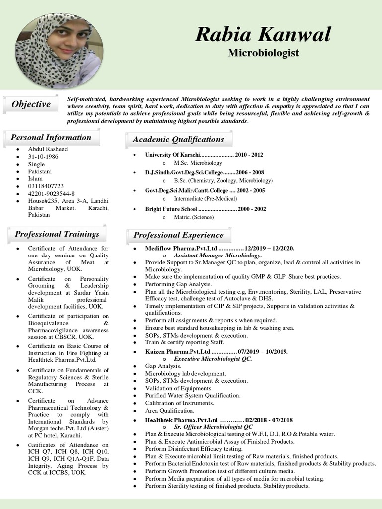 Rabia Kanwal CV | PDF | Sterilization (Microbiology) | Biology